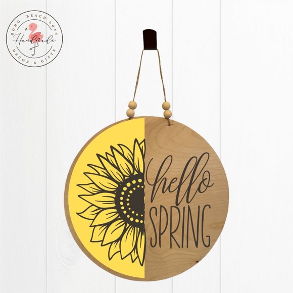 Hand Crafted | Wall Decor | Hello Spring Handmade Round Wood Sunflower ...